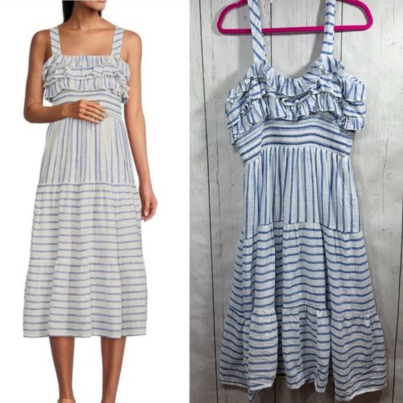 Reba | Dresses | Reba Blue White Striped Ruffle Midi Dress L Coastal ...